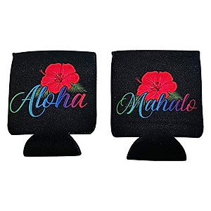 Aloha Hawaii Hibiscus & Mahalo Beer Can Coolers Sleeves (2-Pack) & 1 Aloha Decal - Soft Insulated Beer Can Cooler Sleeves - 5mm Neoprene Collapsible Black Can Sleeves for Soda, Beer & Water Bottles