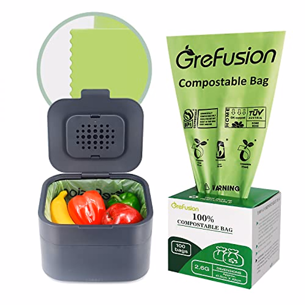 GreFusion Compostable Trash Bags for Kitchen Compost Bin 2.6 Gallon,Extra Thick 0.71 Mil,100 Count,Small Trash Bags,Compost bin bags,Food Scrap Waste Bags for Certified by BPI,ASTM D6400 and OK Compost