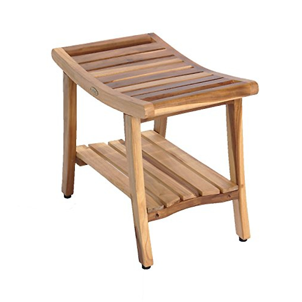 EcoDecors Harmony Teak Shower Bench Natural Wood Shower Bench with Shelf and LiftAide Arms 24" Shower Stool in Earthy Teak Finish