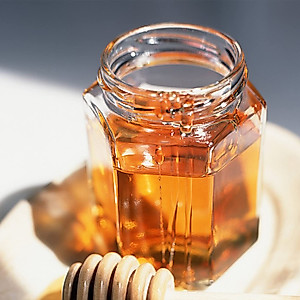 Woaiwo-q Hexagon Glass Jars, 4 oz 30 Pcs Hexagon Glass Honey Jars with Black Lids,Wooden Honey Sticks,Bronzy Bee Pendants,Small Tags,1.5m Jute Twine for Honey,Foods,Jams, Liquid and More..