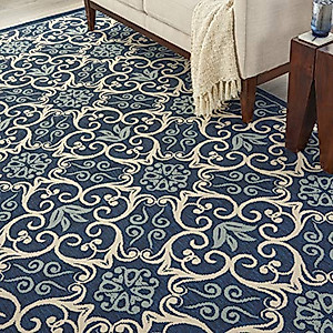 Nourison Caribbean Navy 7'10" x 10'6" Area-Rug, Geometric, Floral, Bed Room, Living Room, Dining Room, Kitchen, Easy-Cleaning, Non Shedding, (8' x 11')
