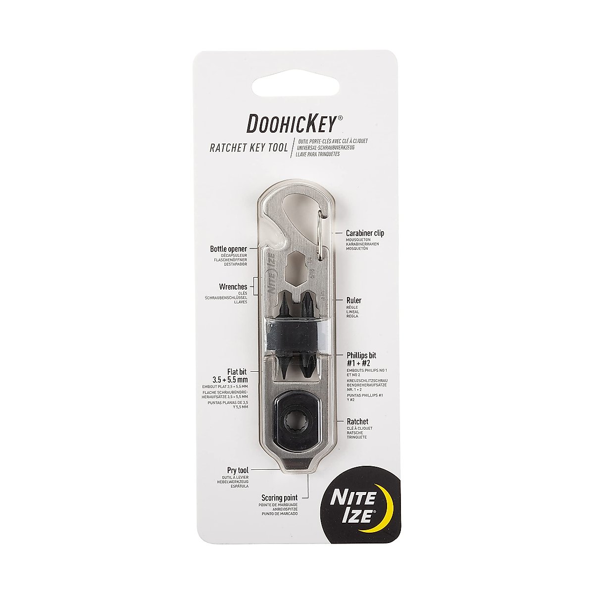 Nite Ize KMTRT-11-R3 DoohicKey, Ratchet with Flathead and Phillips Bits, 6-in-1 Multitool with Bottle Opener and More Key Tool, Stainless