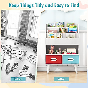 GLACER 5-Tier Kids Bookshelf, Wooden Children’s Book Rack with Toy Storage Organizer, Toddler Montessori Bookshelf with 2 Foldable Storage Cubes, Kids Bookcase for Nursery, Classroom, Playroom (White)