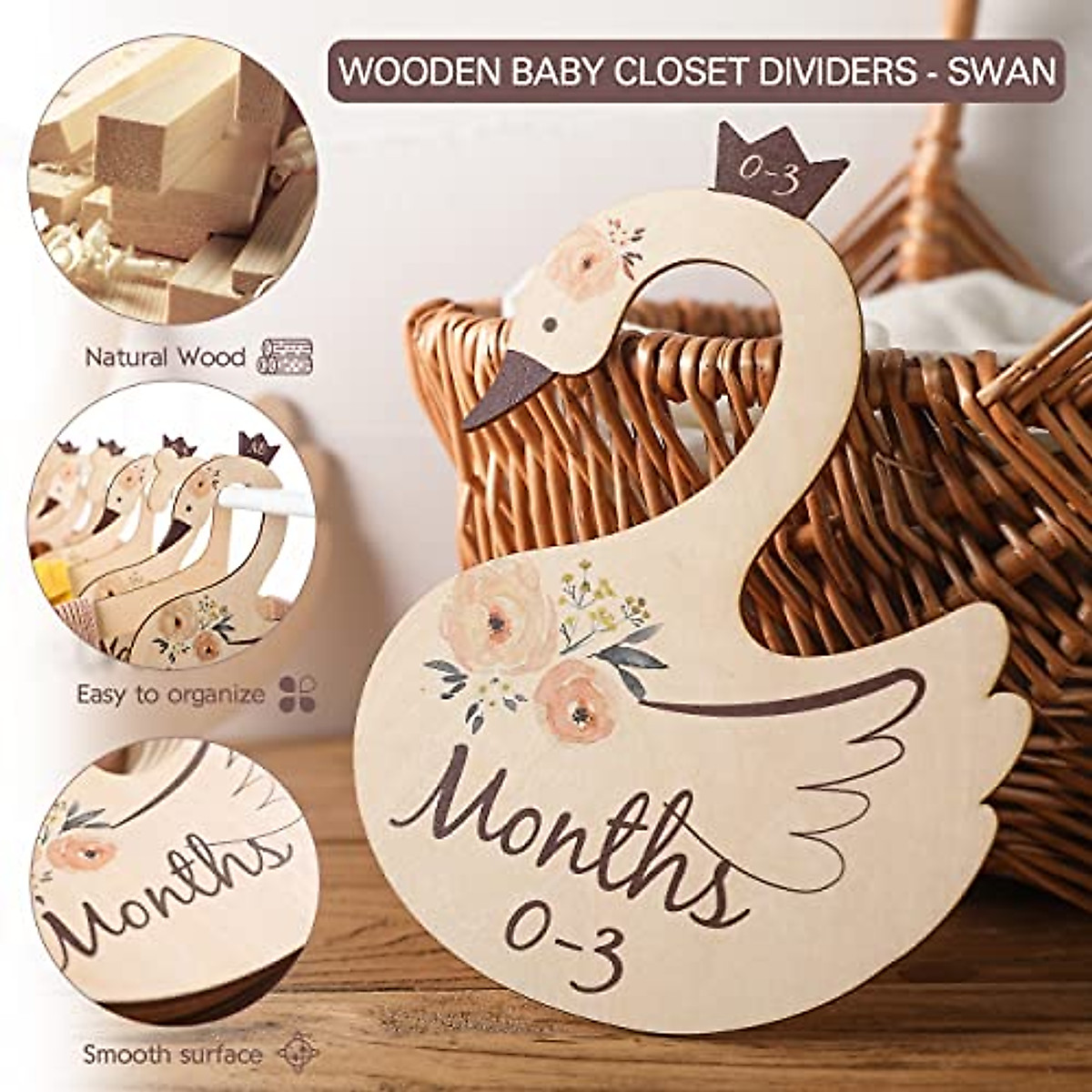 Wooden Baby Closet Dividers, 7x Closet Dividers for Baby Clothes, Swan Baby Clothing Size Age Dividers from Newborn to 24 Months - Floral Baby Clothes Dividers For Closet & Nursery Closet Organizer