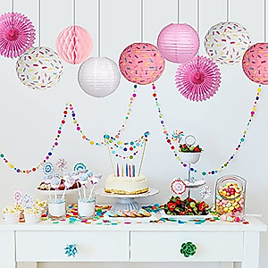 Famolay Donut Paper Lanterns Decorative, 9PCS Pink Party Decorations Paper Fans Honeycomb Ball Ice Cream Decor Birthday Supplies Hanging Lanterns Lamps for Kids Baby Shower