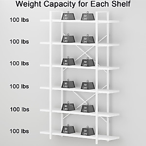 HSH 6 Tier Tall White Bookshelf, Industrial Modern Vertical Metal and Wood White Bookcases 6 Shelf,Farmhouse Open Large Storage Book Shelves & Display Book Shelf for Bedroom Living Room Office