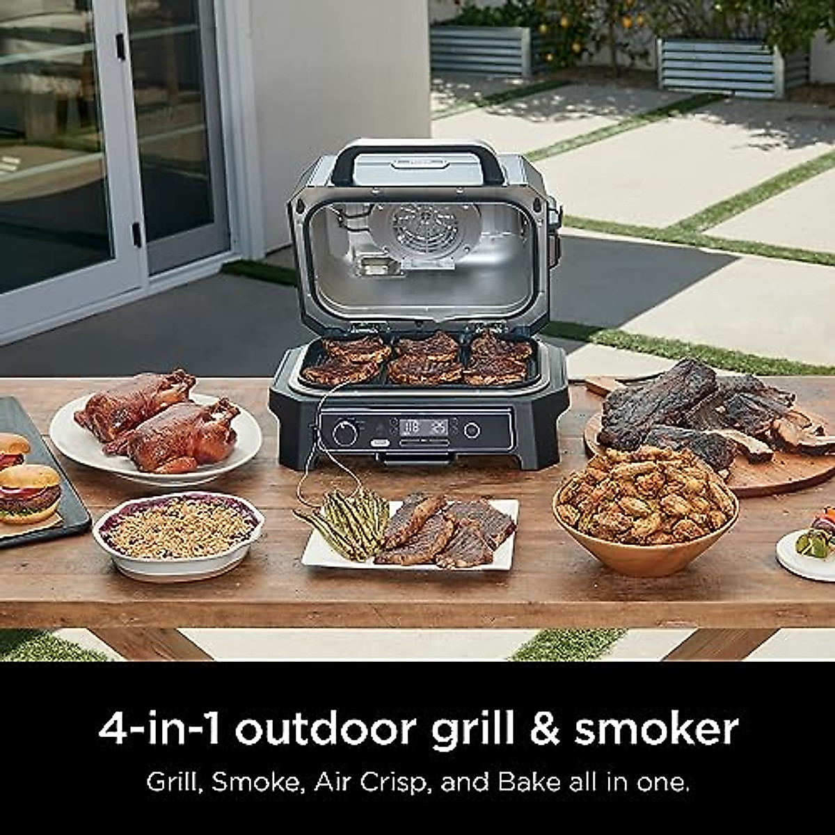 Ninja OG850 Woodfire Pro XL Outdoor Grill & Smoker with Built-In Thermometer, 4-in-1 Master Grill, BBQ Smoker, Outdoor Air Fryer, Bake, Portable, Electric, Dark Gray