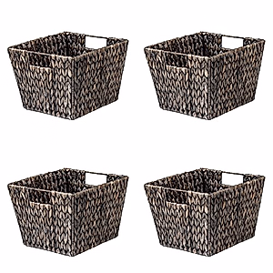 11.5" Hyacinth Storage Basket with Handles, Rectangular, by Trademark Innovations (Set of 4, Taupe)