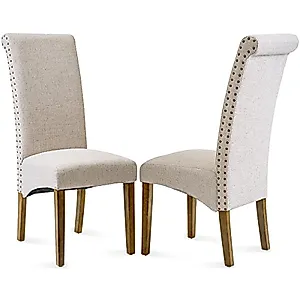 Merax Dining Chair Set of 2 Fabric Padded Side Chair with Solid Wood Legs, Nailed Trim(Beige)