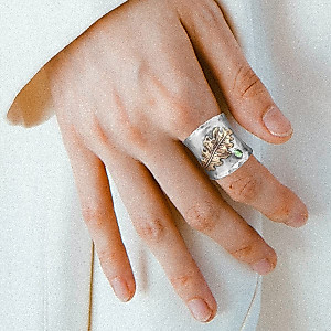 S925 Sterling Silver Leaf Full Finger Wide Bands Ring for Women Girls,Big Large Retro Vintage Antique Thumb Index Finger Bands Ring,Punk Biker Gothic Cocktail Party Boho Statement Bands Ring Jewelry Gift (Ring_A, 9)