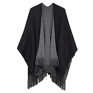 Urban CoCo Women's Vintage Poncho Cape Tassel Shawl Wrap Cardigan Coat (Black)