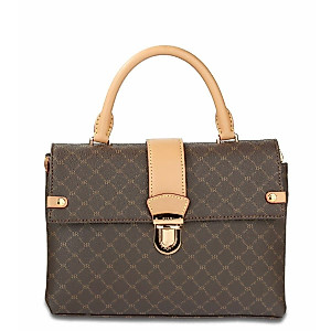 Rioni Signature Brown ST-20296 Lulu Canvas Leather Mini Top Handle Carrier Handbag Shoulder Bag