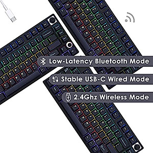 KEYMECHER 75% Mechanical Keyboard, RGB Backlit Hotswap Wireless Keyboard Support Bluetooth, 2.4G and Wire Connection, Mechanical Gaming Keyboard with Ganss Silver Switches, PBT Keycaps and Volume Knob