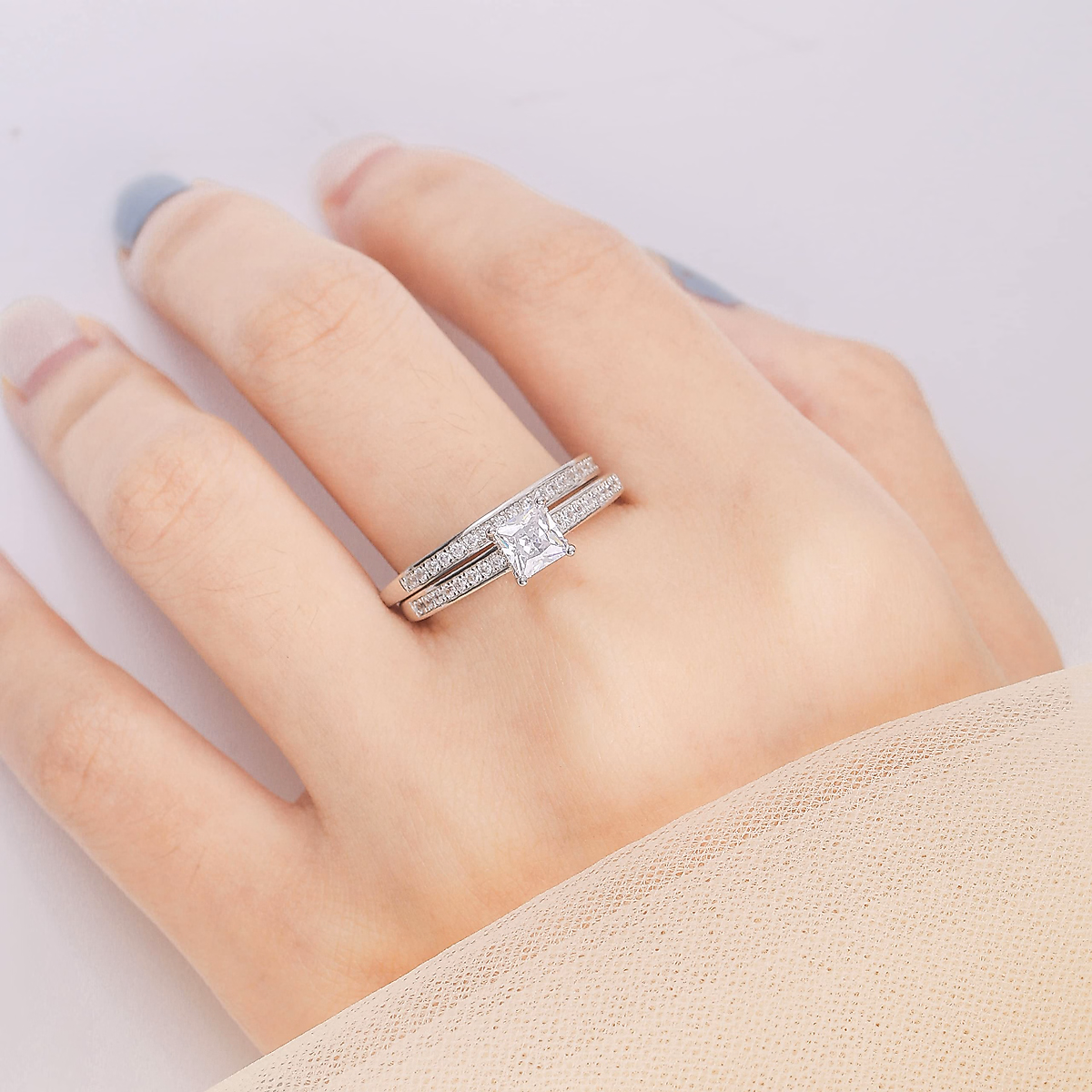 AVECON 1.35ct Princess Cut Engagement Ring 925 Sterling Silver Wedding Ring Set for Women Princess Cut Cubic Zirconia Bridal Ring Sets Valentine's Day Gift Size 8