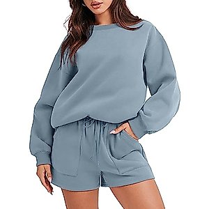 ANRABESS Women 2 Piece Lounge Set Fall Outfits Sweatsuit Fleece Oversized Crewneck Sweatshirt Loungewear Shorts 2023 Casual Cozy Pajamas Macthing Tracksuit Set 1047huilan-XL