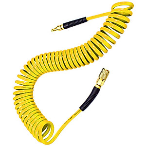 YOTOO Polyurethane Recoil Air Hose 1/4" Inner Diameter by 25' Long with Bend Restrictor, 1/4" Industrial Quick Coupler and Plug, Yellow