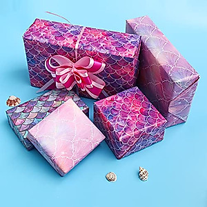 BULKYTREE Birthday Wrapping Paper with Cut Lines for Girls Boys Kids Women Men - 3 Large Sheets Galaxy Mermaid Scale Scallop Gift Wrap for Graduation Anniversaries - 27 Inch X 39.4 Inch Per Sheet