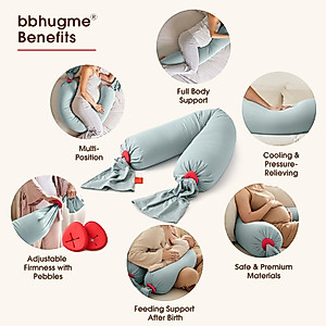 bbhugme Adjustable Pregnancy Pillow – Full Body Support for Side Sleeping - Adjustable Firmness and Shape - Supports Back, Legs, Belly, HIPS for Pregnant Women - Removable Cover - Eucalyptus