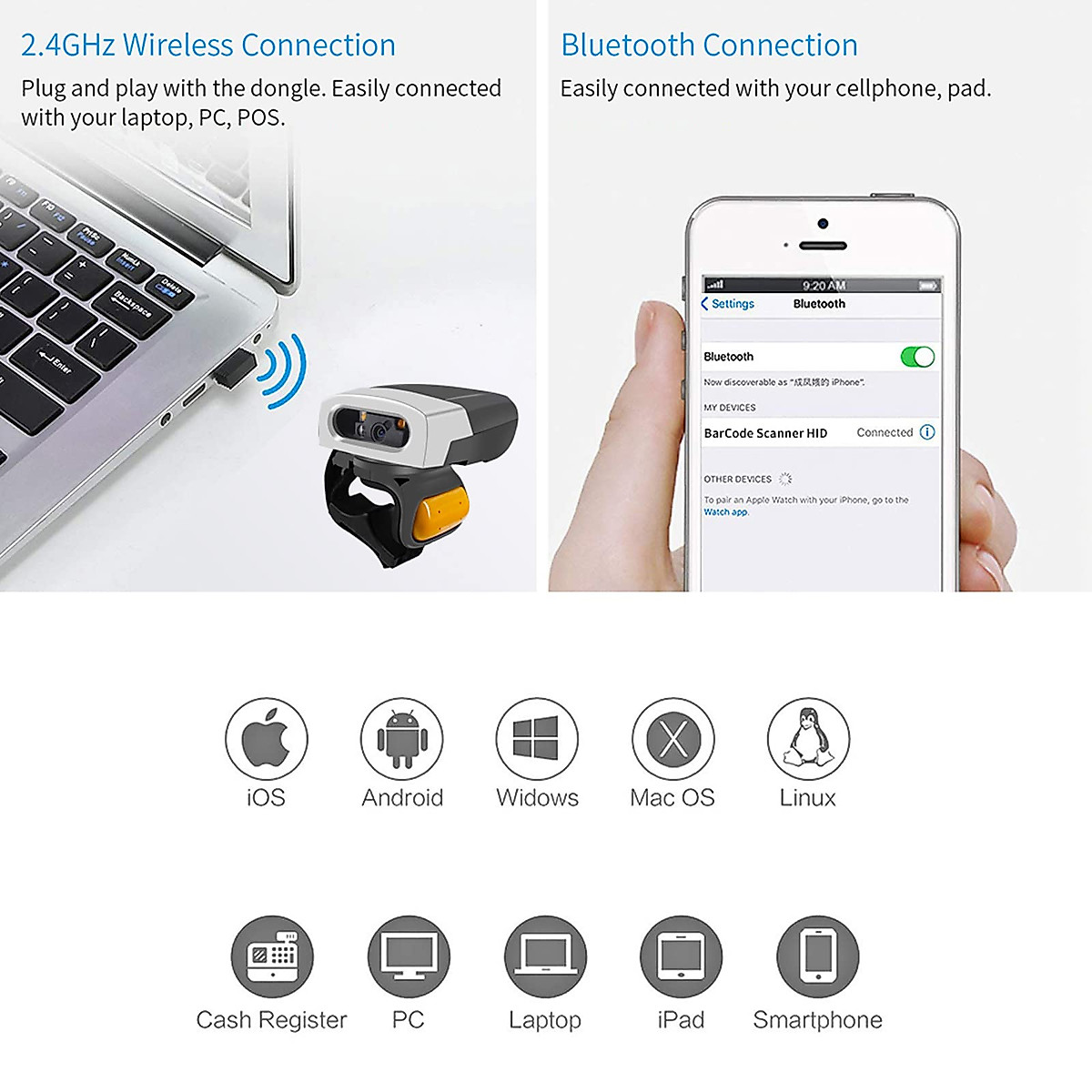 Symcode Bluetooth 2D Ring Long Range Scanning Barcode Scanner,4.9Ft- 6.5Ft Scanning Distance can Saving The Trouble of Climbing Portable Ring Wearable Finger 1D 2D Mini Bar Code Reader Scanner