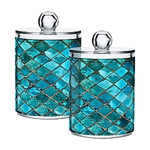 MCHIVER Teal Mermaid Bathroom Canisters Organizer 2 Pack Clear Plastic Jars with Lids 10 Oz Vanity Organizer for Cotton Round Pads Ball Swab Floss