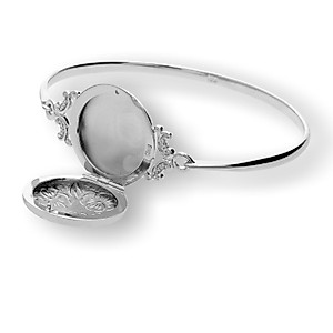 Pearlina Sterling Silver Locket Bracelet Bangle Cuff Etched Floral Vintage Style for Woman 7"