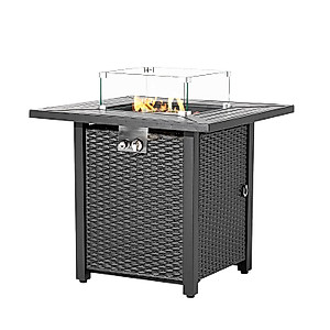 HOMPUS Outdoor Propane Fire Pit Table 28-inch 40,000 BTU Imitation Wicker Square Glass Top Fire Table w Wind Guard,Lava Rocks,Rain Cover Gas Smokeless Fire Pit for Outside Patio,Garden,Deck,Backyard
