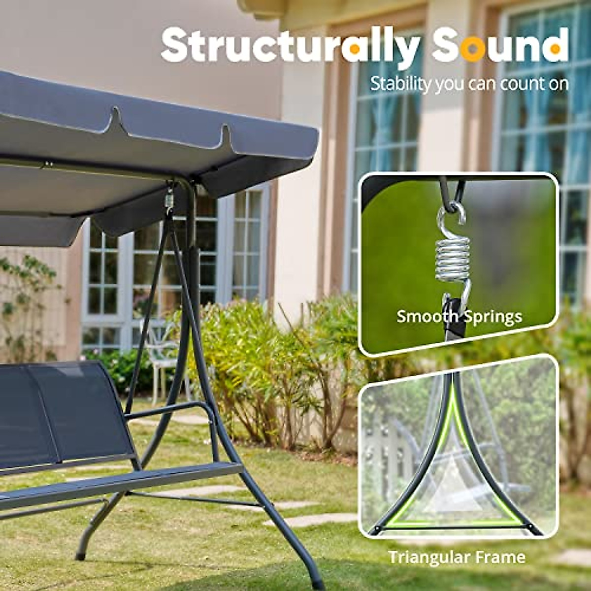 Zupapa Outdoor Patio Swing Chair w/Textilene Breathable 3-Person Armrest Seat, Canopy Porch Swing w/Adjustable Shading, Heavy-Duty Powder-Coated Swing Sets for Backyard, Poolside, Balcony - Gray