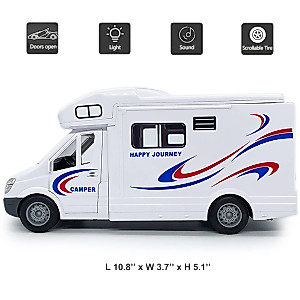 Toy Camper RV Motorhome Toys for Boys Toy Car Model Cars Recreational Vehicle Holiday Travel Adventure, Friction Powered, Roof and Doors Open, Light Sound, 3 4 5 6 Years Old Kids Girls Gifts, white