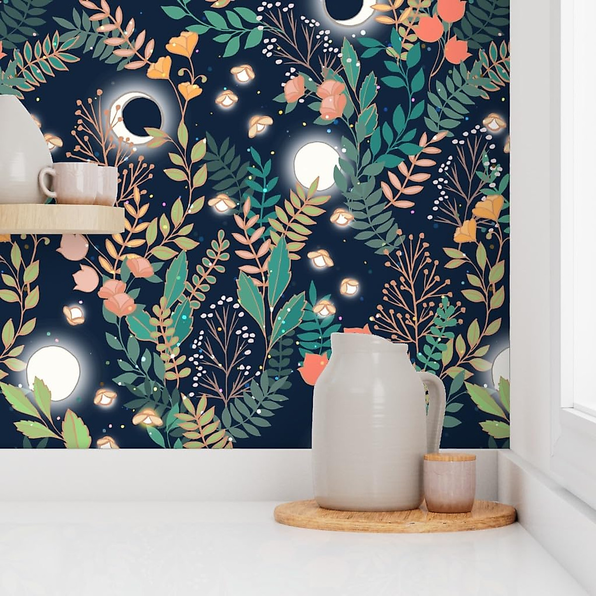 Peel & Stick Wallpaper Swatch - Fireflies Stars Night Bugs Moon Insects Custom Removable Wallpaper by Spoonflower