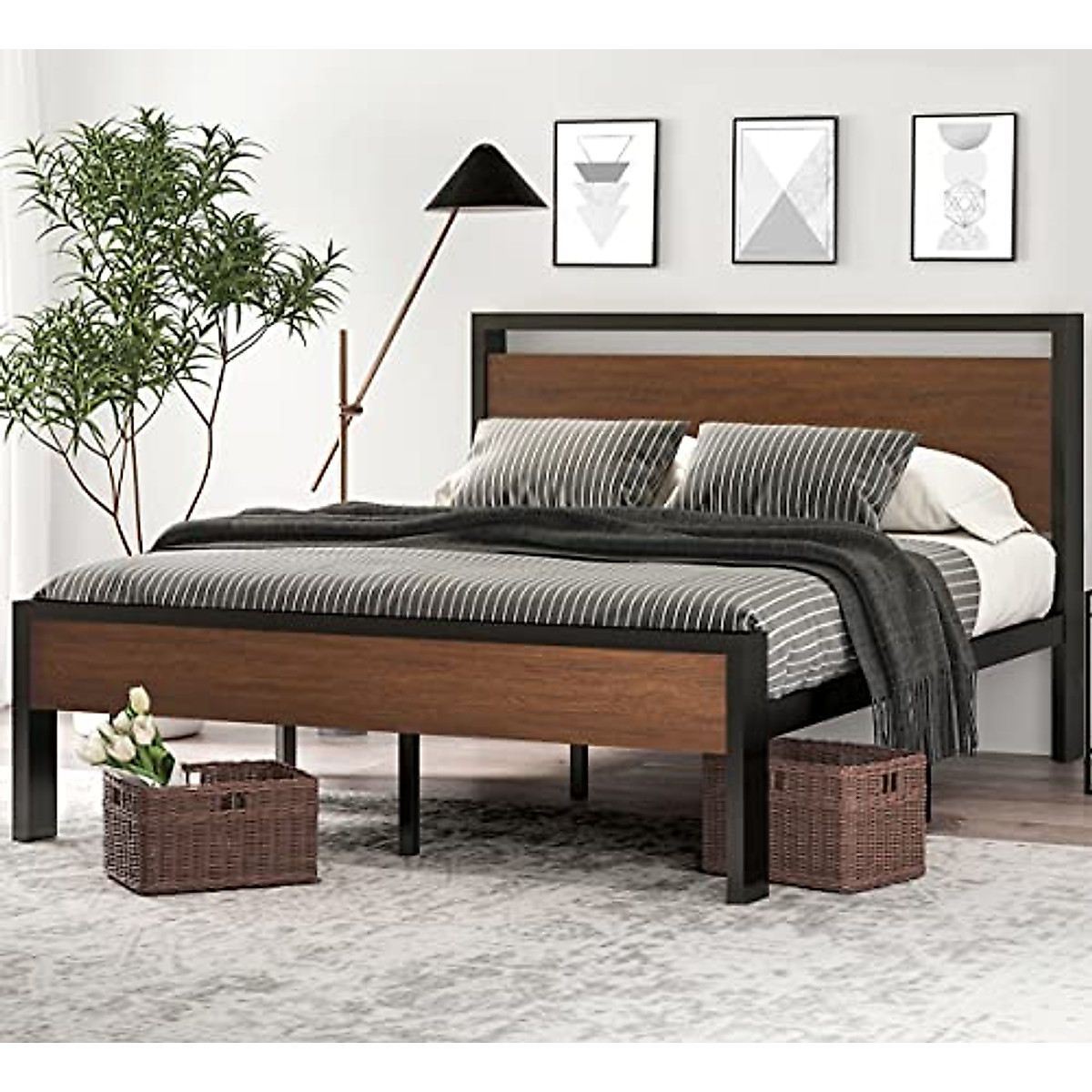 SHA CERLIN 14 Inch Queen Size Metal Platform Bed Frame with Wooden Headboard and Footboard, Mattress Foundation, No Box Spring Needed, Large Under Bed Storage, Non-Slip Without Noise, Walnut