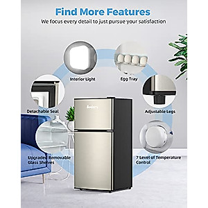 Bodare Mini Fridge with Freezer Quiet: 3.2 Cu.Ft Mini Refrigerator with 2 Doors - Small Refrigerator Energy-Efficient Compact Refrigerator - Small Fridge for Bedroom Dorm Office Apartment (Champagne)