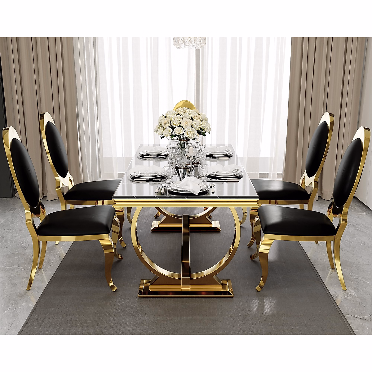 ACEDÉCOR Modern Dining Room Table with Gold Stainless Steel Metal U-Base in Black Gold
