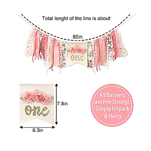 Girl Highchair Banner - floral Birthday Party Decoration, Rustic High Chair Banner For 1st Birthday Girl, Cake Smash Photo Prop, Gold One Birthday Sign（Flower One Banner)