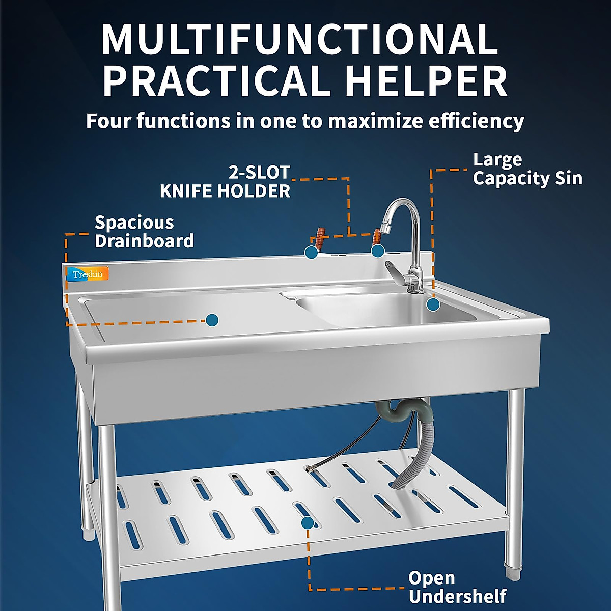 Treshin Stainless Steel Utility Sink, Free Standing Single Bowl Commercial Sink Set w/Workbench & Storage Shelves, Faucet, for Restaurant, Kitchen, Garage, Laundry, 19.6"D x 47.2"W x 37.4"H