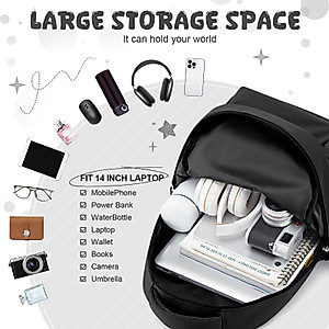 Small Backpack For School Girls Boys Aesthetic Lightweight Travel Daypack Simple Cute Backpack For Women Men Waterproof College High School Bookbag Fit 14 Inch Laptop With USB charging port,Black