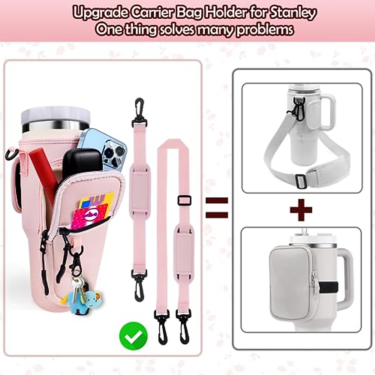 BABORUI Water Bottle Holder for Stanley with Strap, Water Bottle Carrier for Stanley 40oz, Adjustable Crossbody Shoulder Hand Strap 2 Pouch Water Bottle Accessories for Travelling Hiking Camping