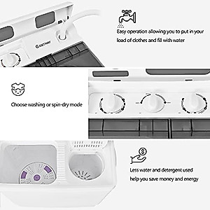 COSTWAY Portable Washing Machine, Twin Tub 26Lbs Capacity, Washer(18Lbs) and Spinner(8Lbs), Compact Laundry Machine with Control Knobs, Timer Function, Drain Pump, Laundry washer for Apartment, RV, Grey