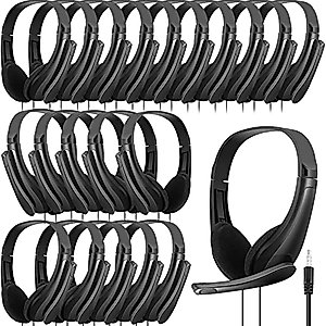 20 Pcs Classroom Headphone with Microphone Bulk On-ear Mic over Ear Headsets Kids Earphones Classroom Students Lightweight Children Class Headphones for School Office, Meetings, Chat, Black