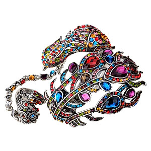 YACQ Big Peacock Bracelets with Attached Rings for Women Fit Wrist Circumference 6.5 to 7.5 inch & Finger Size 6.5 to 9
