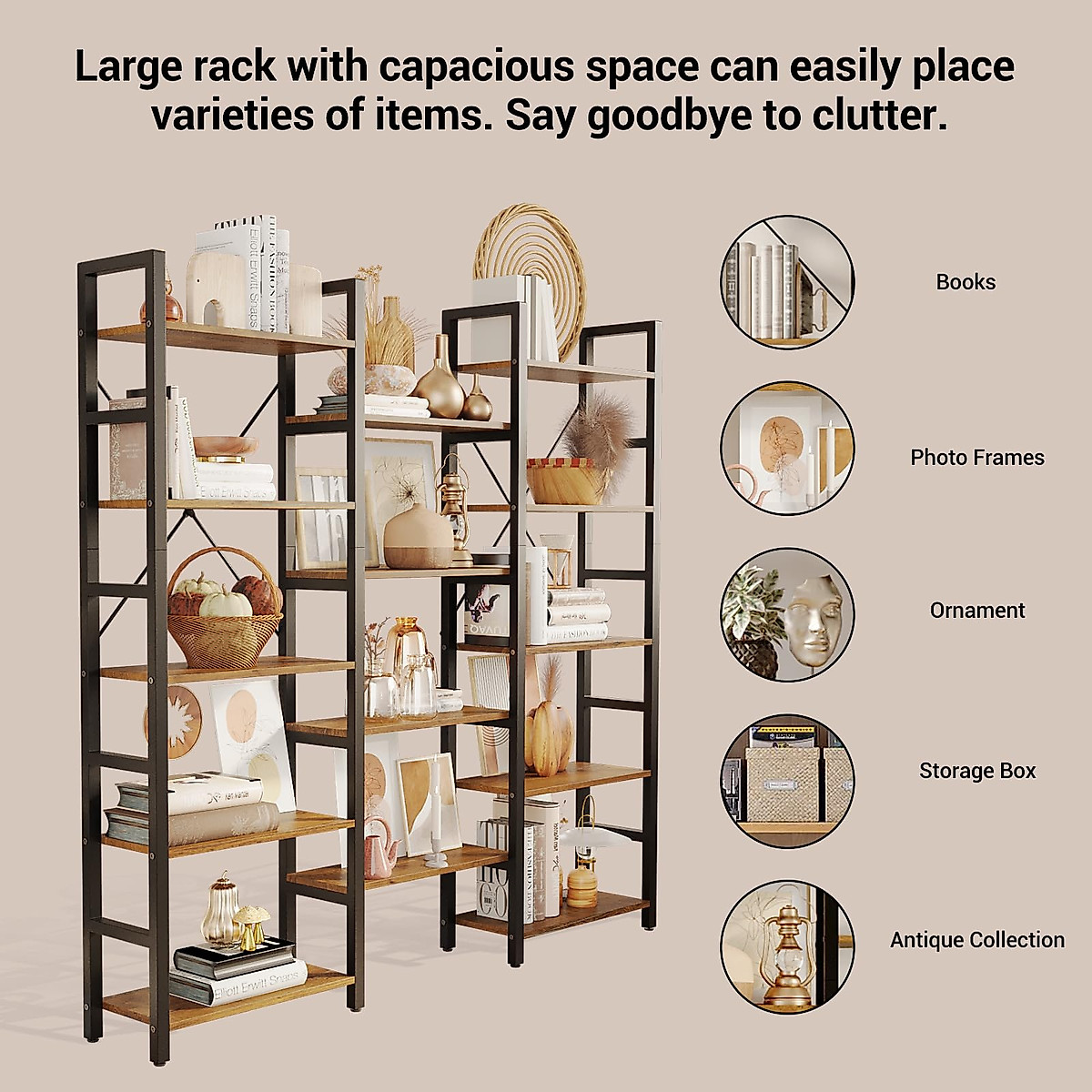 oneinmil Triple Wide 5-Shelves Corner Bookcase Industrial Vintage Wood Style Large Open Bookshelves for Home&Office (Brown, 5-Tier)