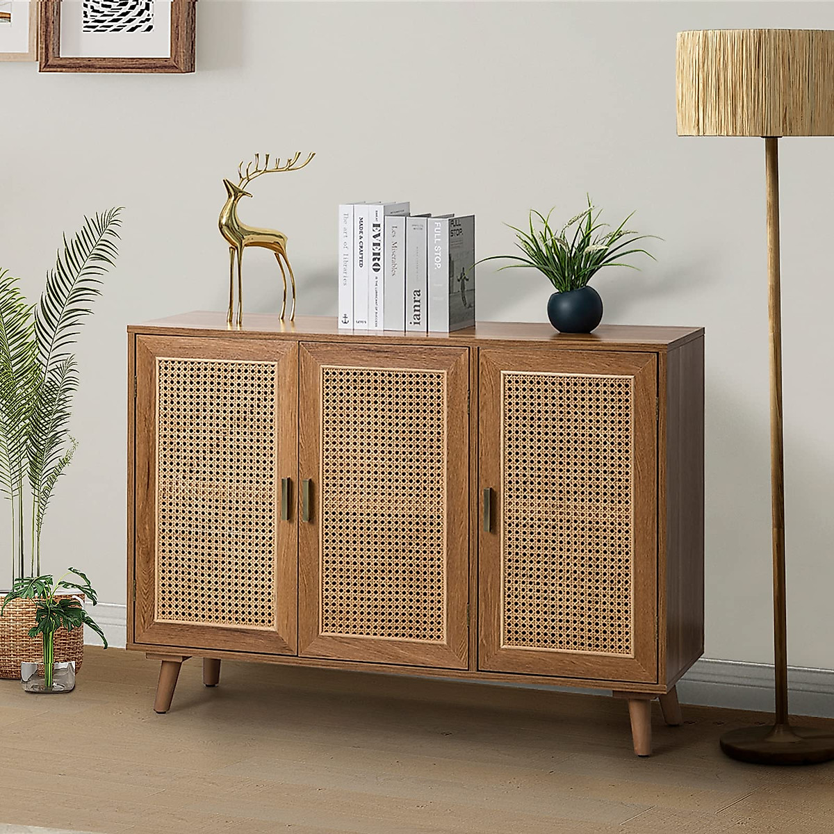 HULALA HOME Accent Storage Cabinet with 3 Natural Rattan Doors & Wood Legs, 2-Tier Shelf Sideboard Buffet Cabinet, Cupboard Console Table for Living Room, Entryway, Dining Room, Hallway (Walnut)