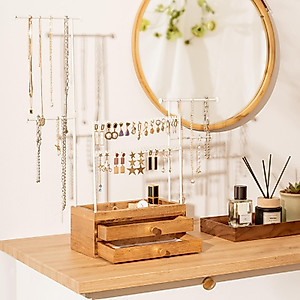 ProCase Jewelry Organizer Wooden Jewelry Box with 2 Drawers for Women Girls Mothers Day Gift, 5 Tiers Height Adjustable Jewelry Holder Organizer Necklace Stand Earring Storage Rack -White