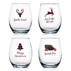 Elegant Home Set of Four (4) 17oz Holiday Festive Christmas Stemless Clear Red Or White Wine Glass With Christmas Tree, Car & Reindeer Design Design