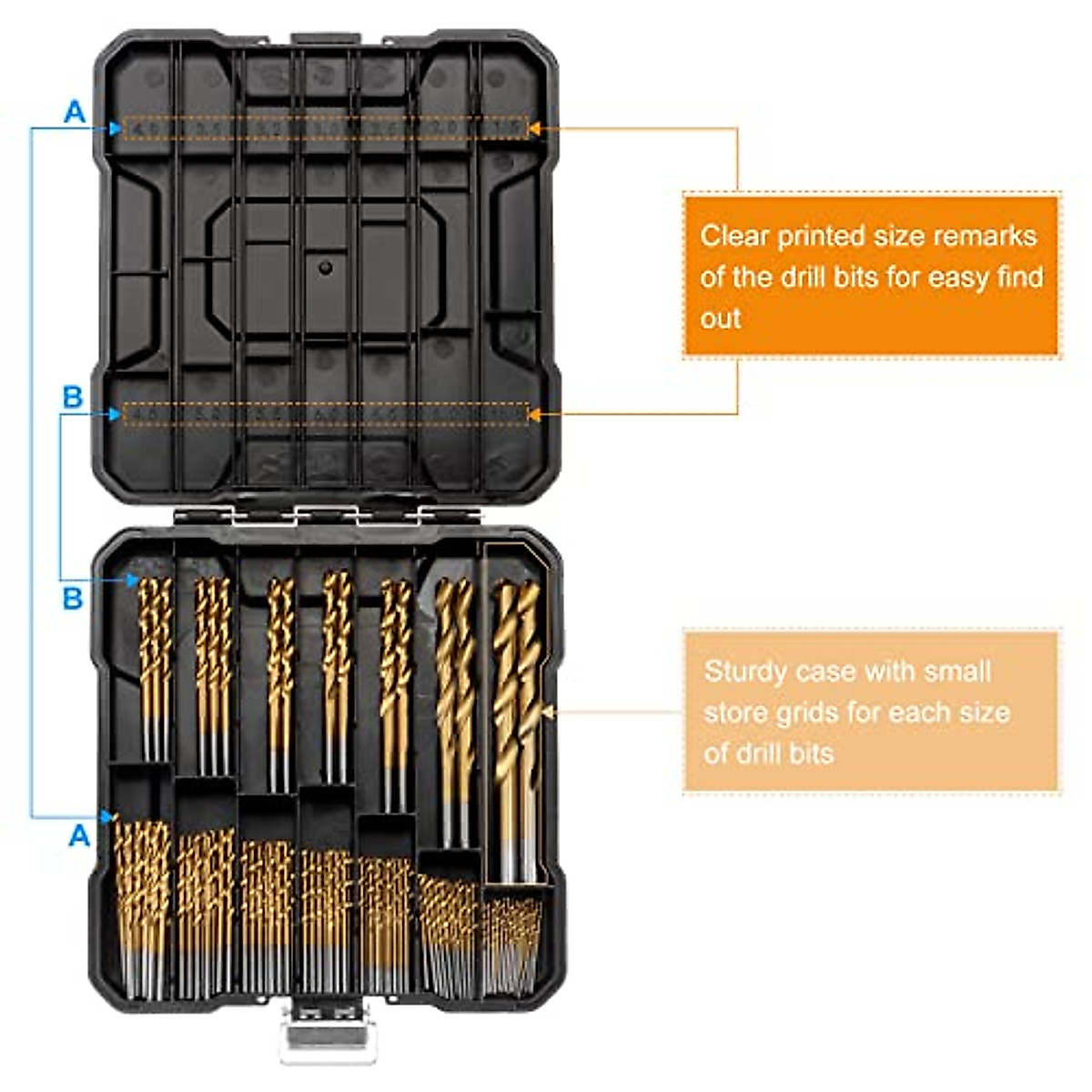 uxcell 99pcs Titanium Twist Drill Bit Set 14 Sizes 1/17"- 37/94" Drilling Dia High Speed Steel Drills for Hardened Metal, Stainless Steel, Cast Iron, Wood, Plastic with Case