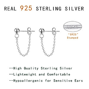 Reffeer Minimalist Ball Earrings with Chain Dangle Earrings for Women Teens Girls Dangle Earrings Studs Cute Solid 925 Sterling Silver Earrings(Silver)