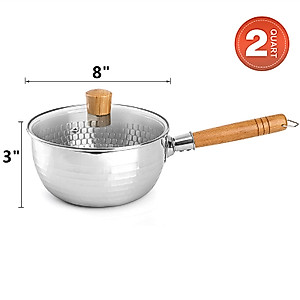 DEAYOU Stainless Steel Saucepan with Glass Lid, 2 Quart Yukihira Sauce Pan with Wood Handle, Traditional Japanese Snow Pan Pot with Two Side Spouts for Cooking, Noodles, Soups, Hot Milk, 8"