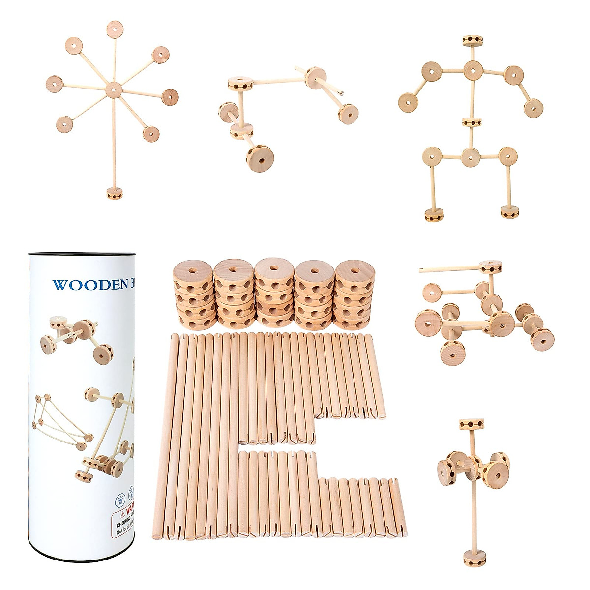 WODI Wooden Building Blocks，60 PCS Tiny Educational Natural Wood Stem Toys, DIY Wooden Blocks Splicing, Montessori Building Blocks Building Blocks for Kids Ages 4-8 to Create Various Shapes