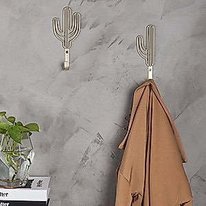 MyGift Set of 2 Wall-Mounted Brass-Tone Metal Cactus Coat Hooks