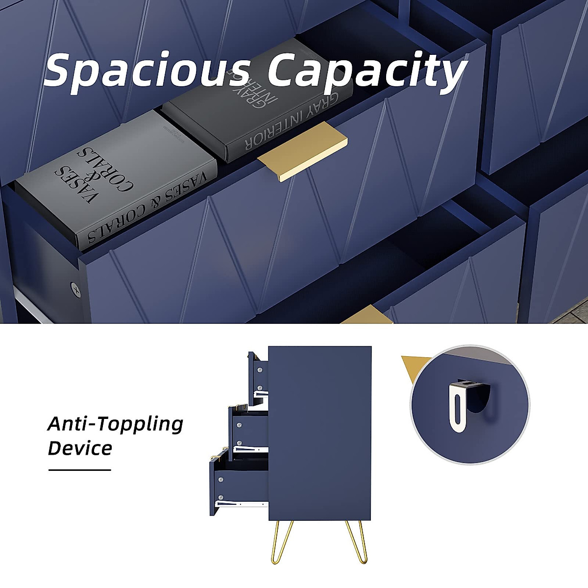 UEV 6 Drawer Dresser,Modern Dresser Chest with Wide Drawers and Metal Handles,Wood Storage Chest of Drawers for Bedroom,Living Room,Hallway,Entryway (Navy Blue)