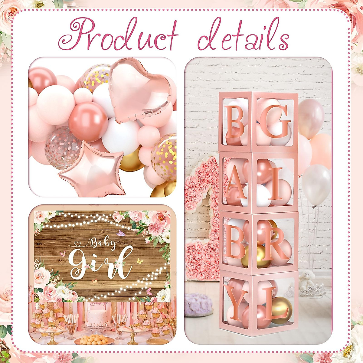 Rose Gold Baby Shower Decorations for Girl, Rose Gold Pink Balloon Arch Garland Kit with Baby Boxes with Letters, Baby Girl Backdrop and Tablecloth for Butterfly Baby Shower Decor, Girl Birthday